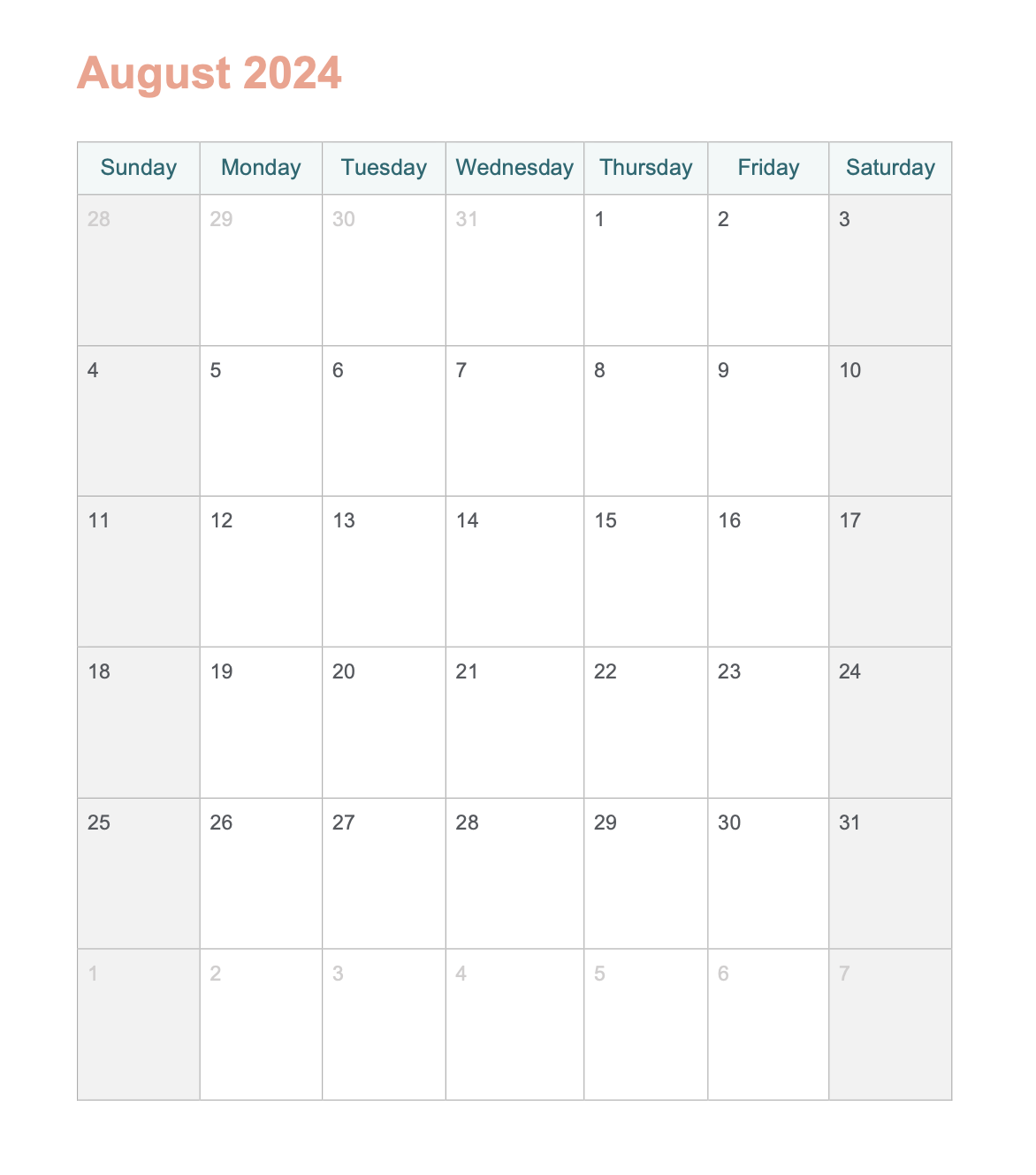 August 2024 printable calendar with Word - Agendrix